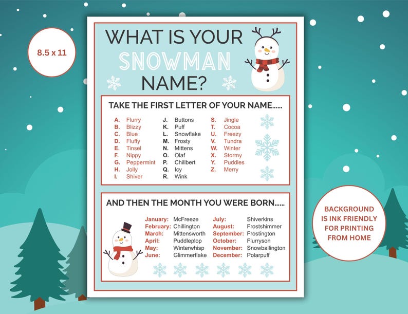 What's Your Snowman Name Printable Name Generator Game With Name Tags ...