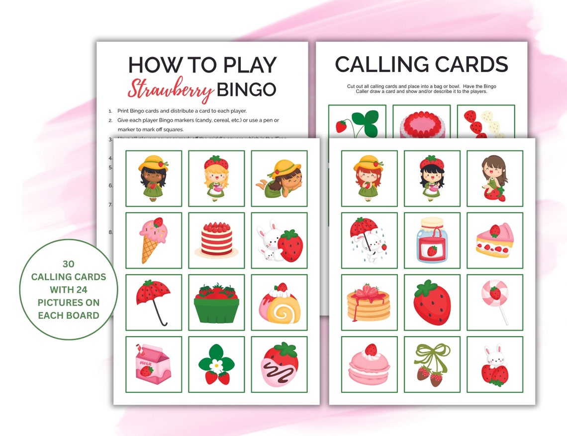 30 Printable Strawberry Themed Bingo Cards | Berry Sweet Party Games ...