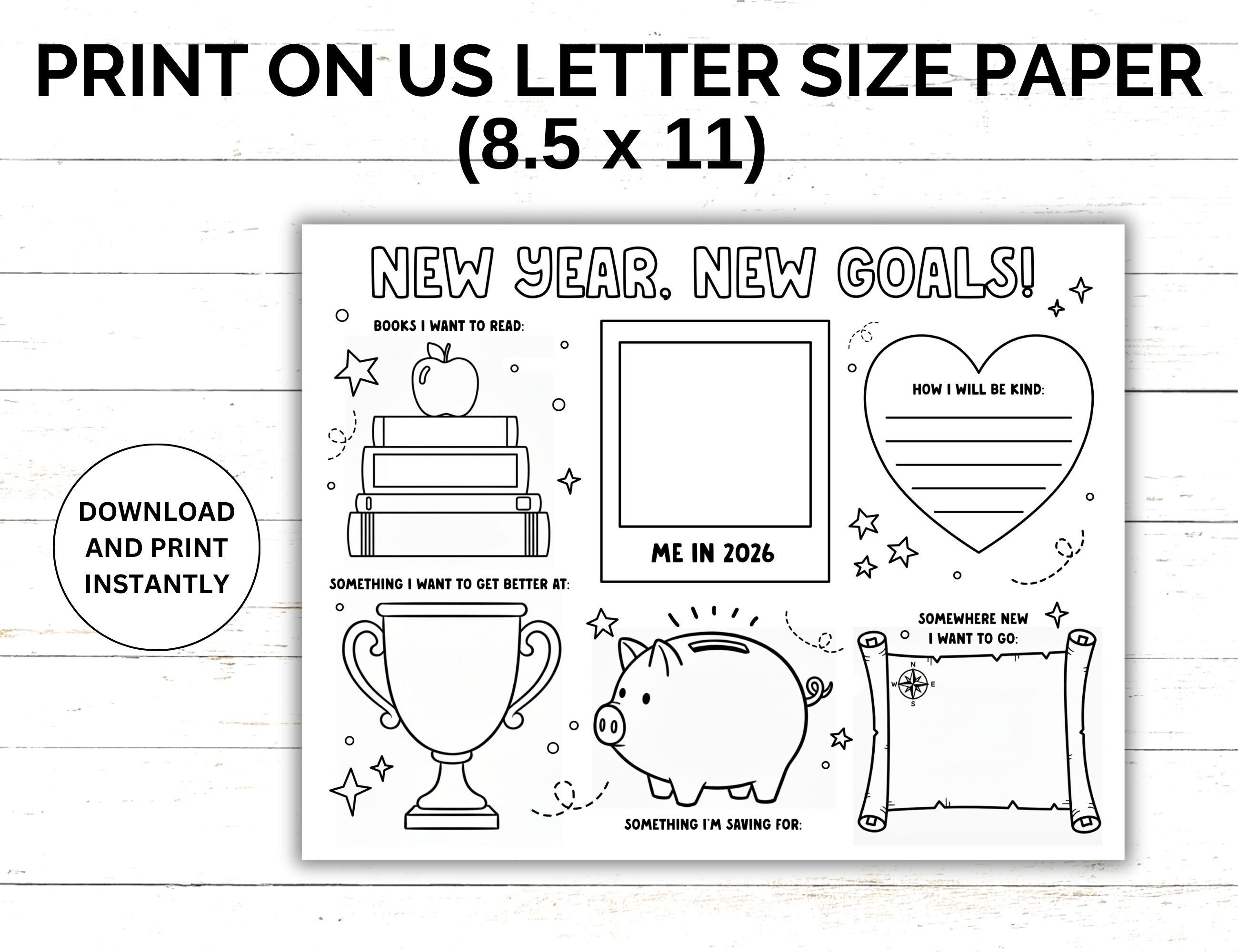 Kids New Year 2026 Goals Coloring Page, Children's New Years Worksheets ...