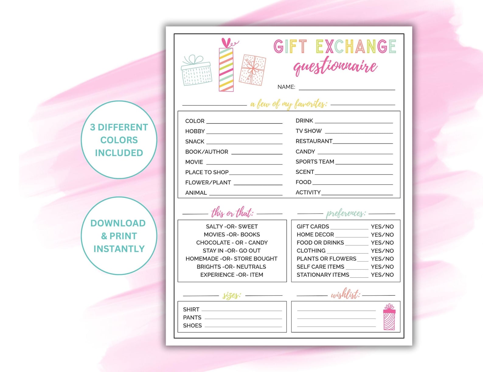 Gift Exchange Questionnaire | My Favorite Things List | Secret Sister ...