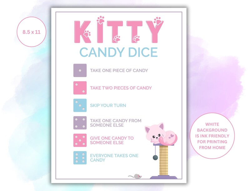 Kitty Candy Dice Printable Game | Kitty Cat Themed Party Game | Cat ...
