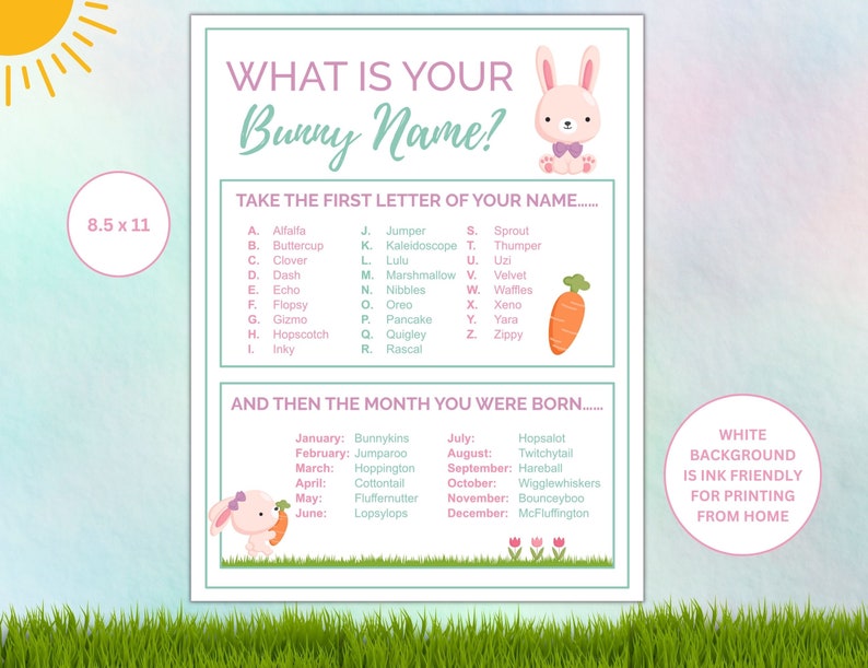 What is Your Bunny Name Printable Game | Spring Party Games | Bunny ...
