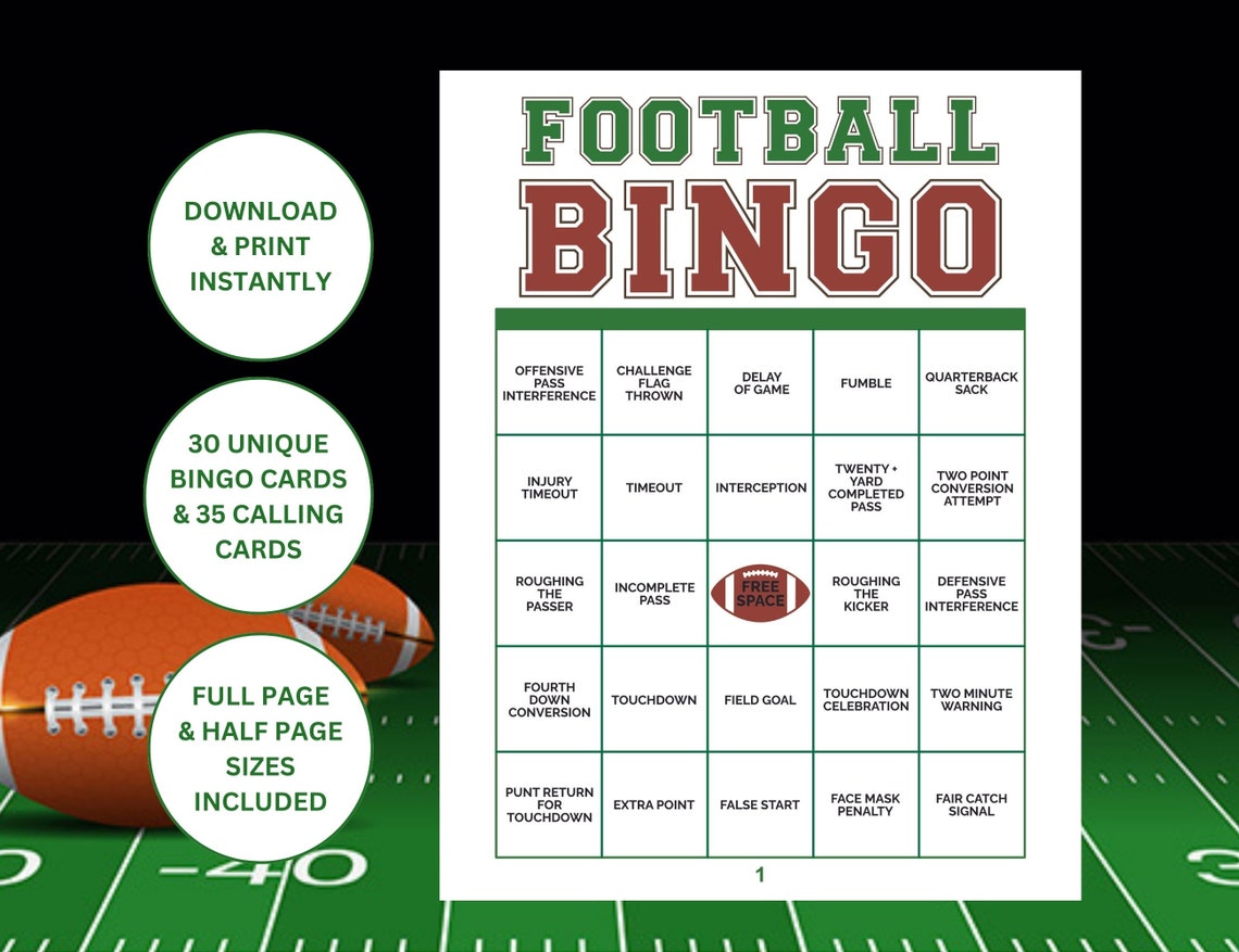 30 Printable Football Themed Bingo Cards | Football Watch Party Game ...