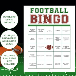 30 Printable Football Themed Bingo Cards | Football Watch Party Game ...