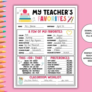 Teacher Favorite Things Questionnaire | Back to School Teacher Survey ...