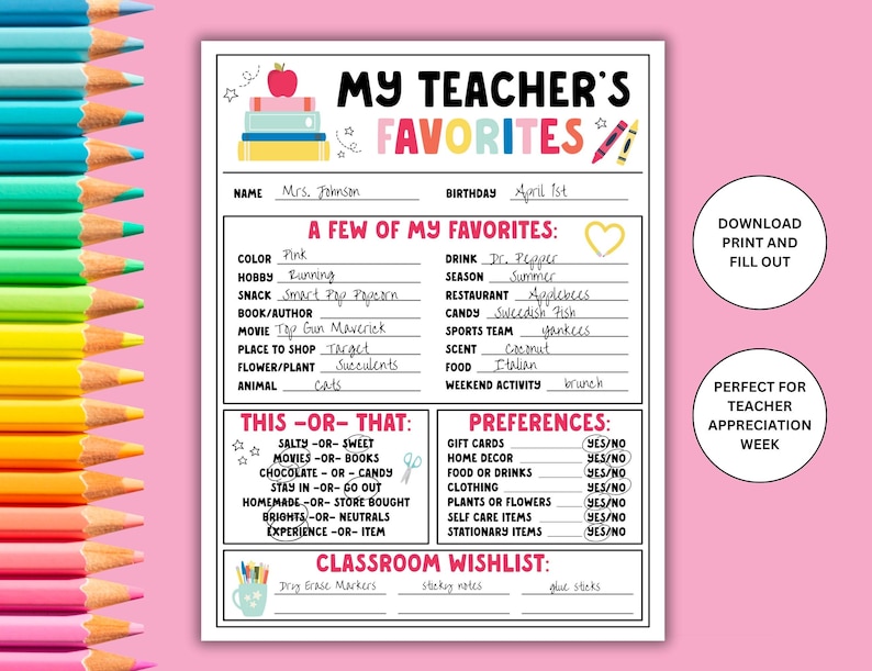Teacher Favorite Things Questionnaire | Back to School Teacher Survey ...