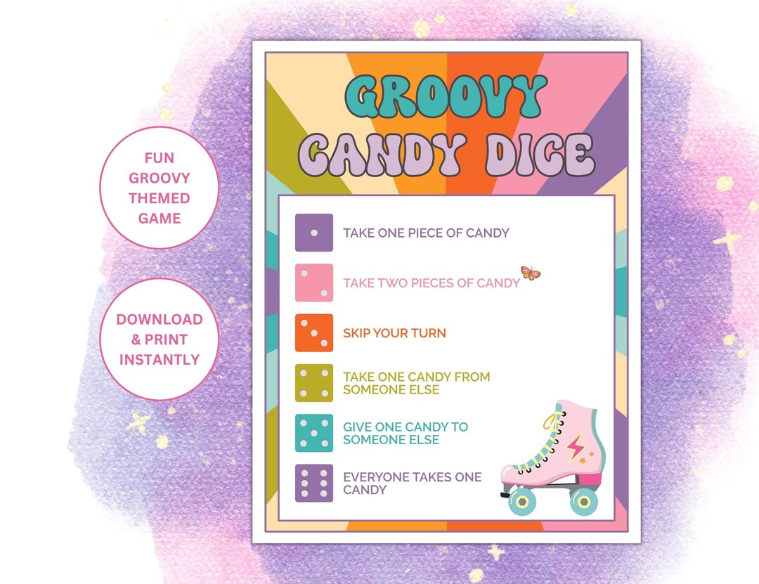Groovy Candy Dice Printable Game | Retro Groovy Themed Party Game ...