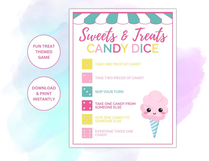 Sweets and Treats Candy Dice Printable Game | Candy Themed Party Game ...