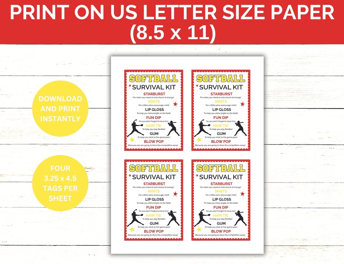 Printable Softball Survival Kit Softball Player Gift Idea Softball Team ...