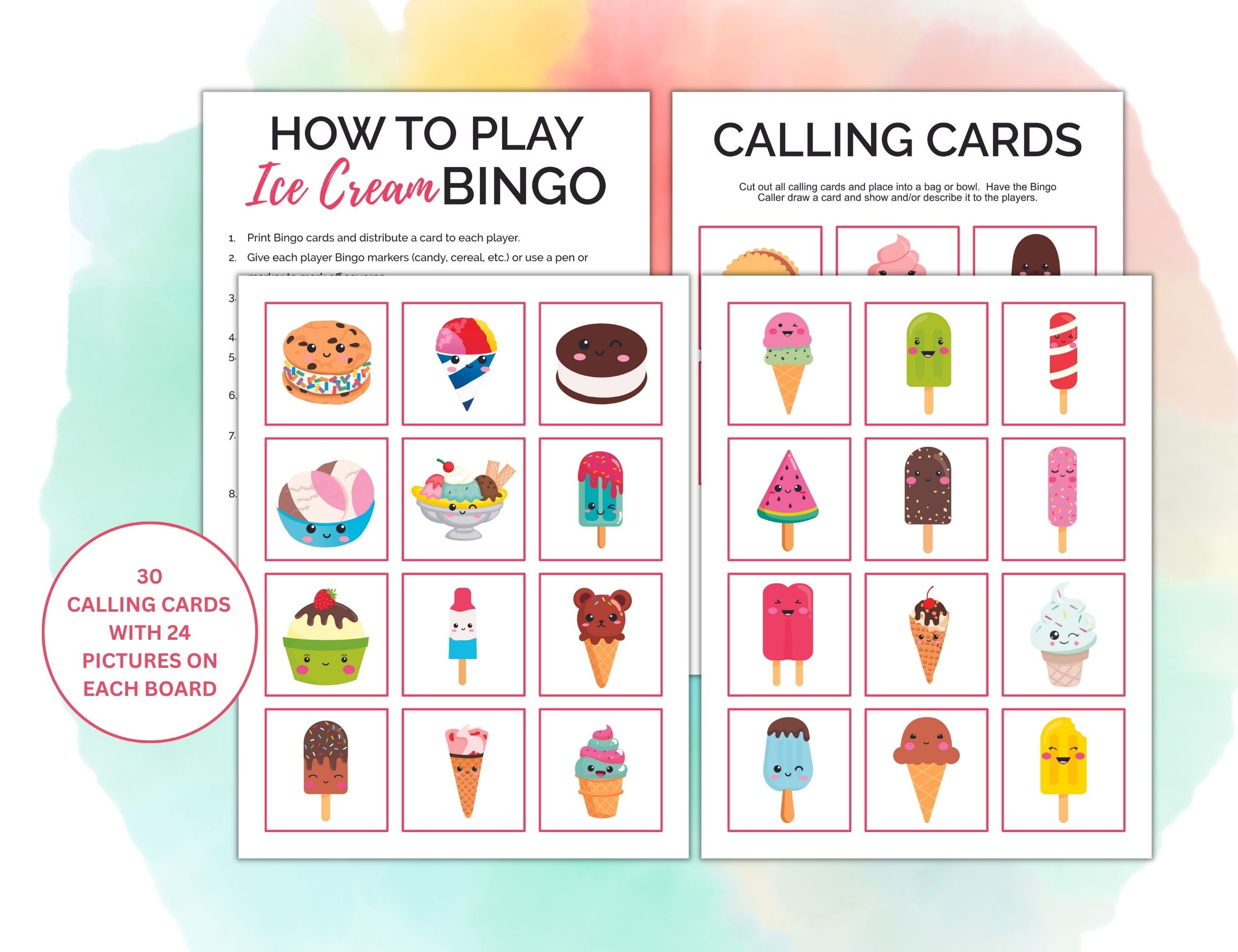 30 Printable Ice Cream Themed Bingo Cards | Ice Cream Party Games | Ice ...