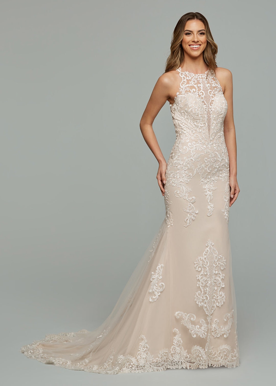 Paris Mermaid Wedding Dress With Plunging Lace Illusion Halter Neckline ...