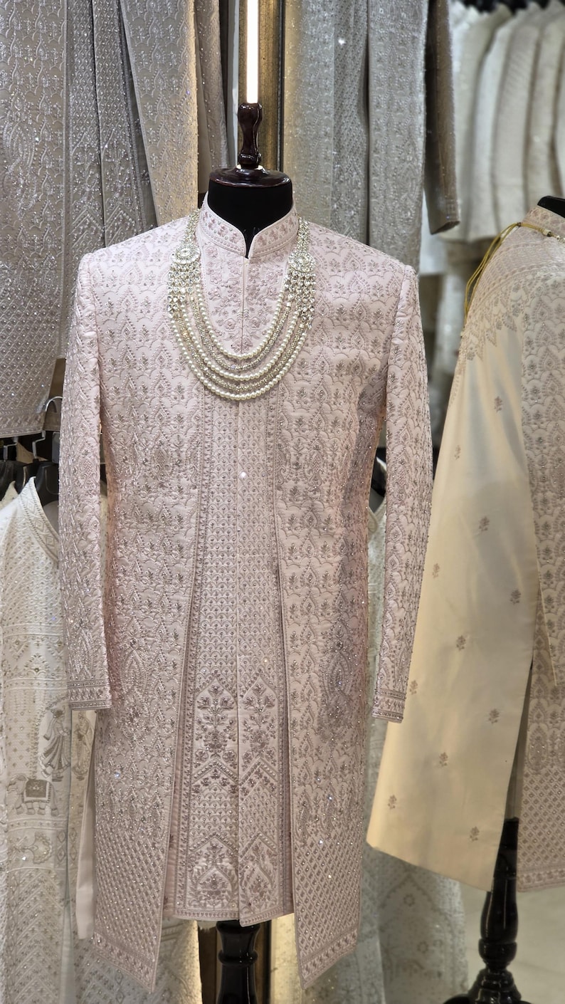 Handmade Pink Sherwani for Men: Embroidered Wedding Outfit - Etsy