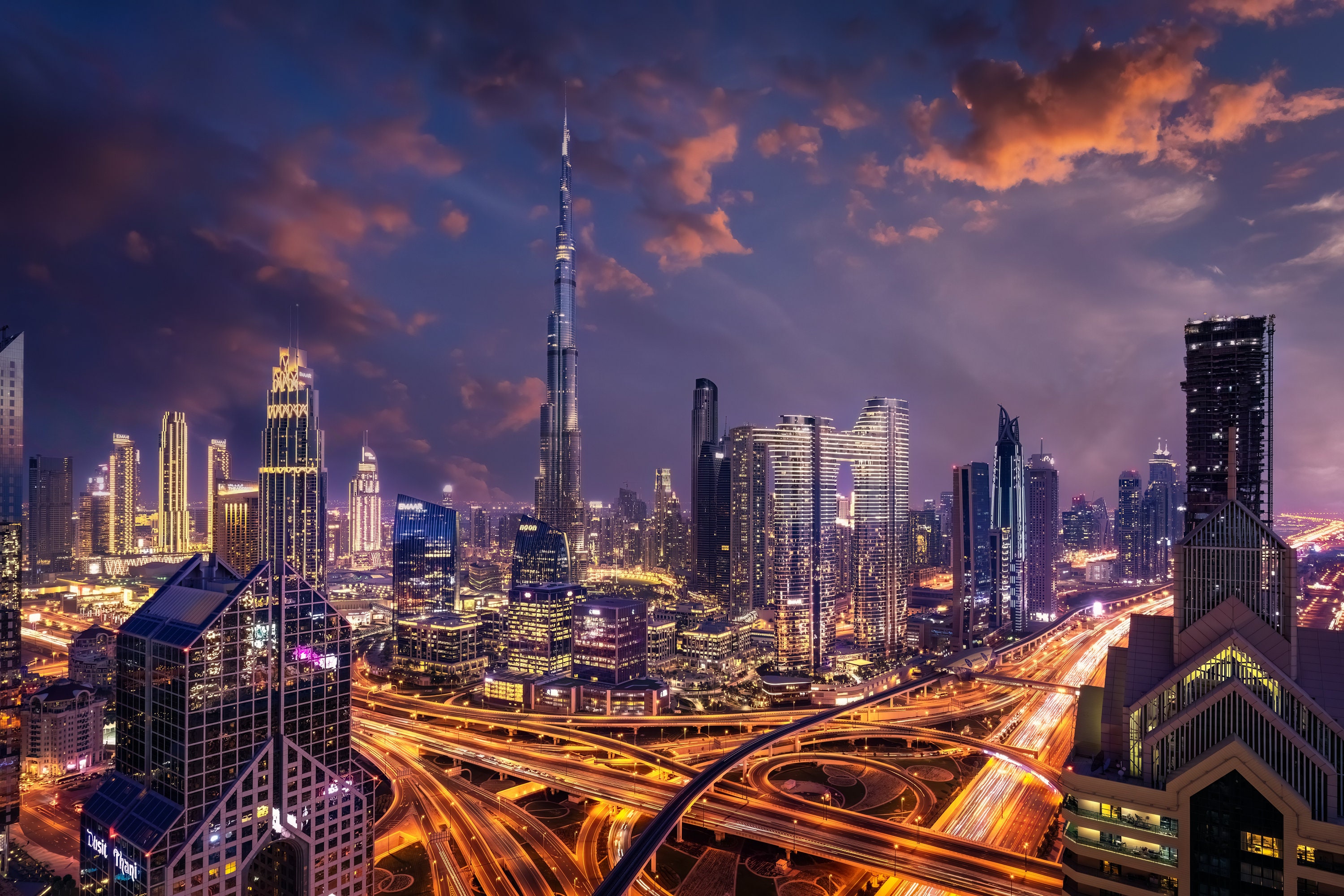 Dubai Skyline Print Burj Khalifa Sunset, Hotel Shangri-la View, Urban ...