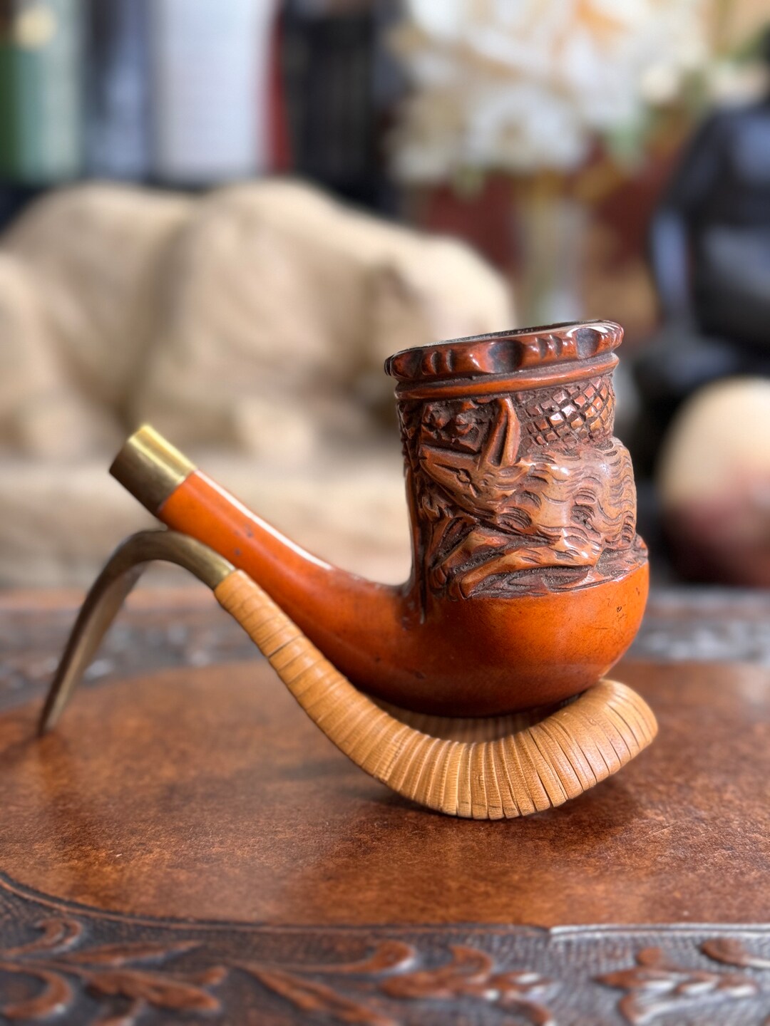 Antique Victorian Meerschaum Pipe Large Carved Fox in Forest German ...
