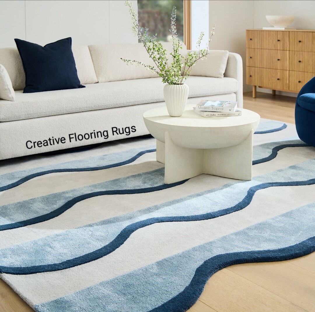 Irregular Wave Design White and Blue Handmade Woolen Tuffted Carpet ...