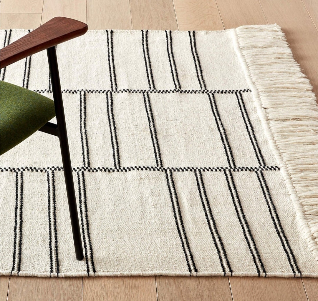 Rectangular White and Black Strip Pattern Flat Weave, Durry, Klim ...