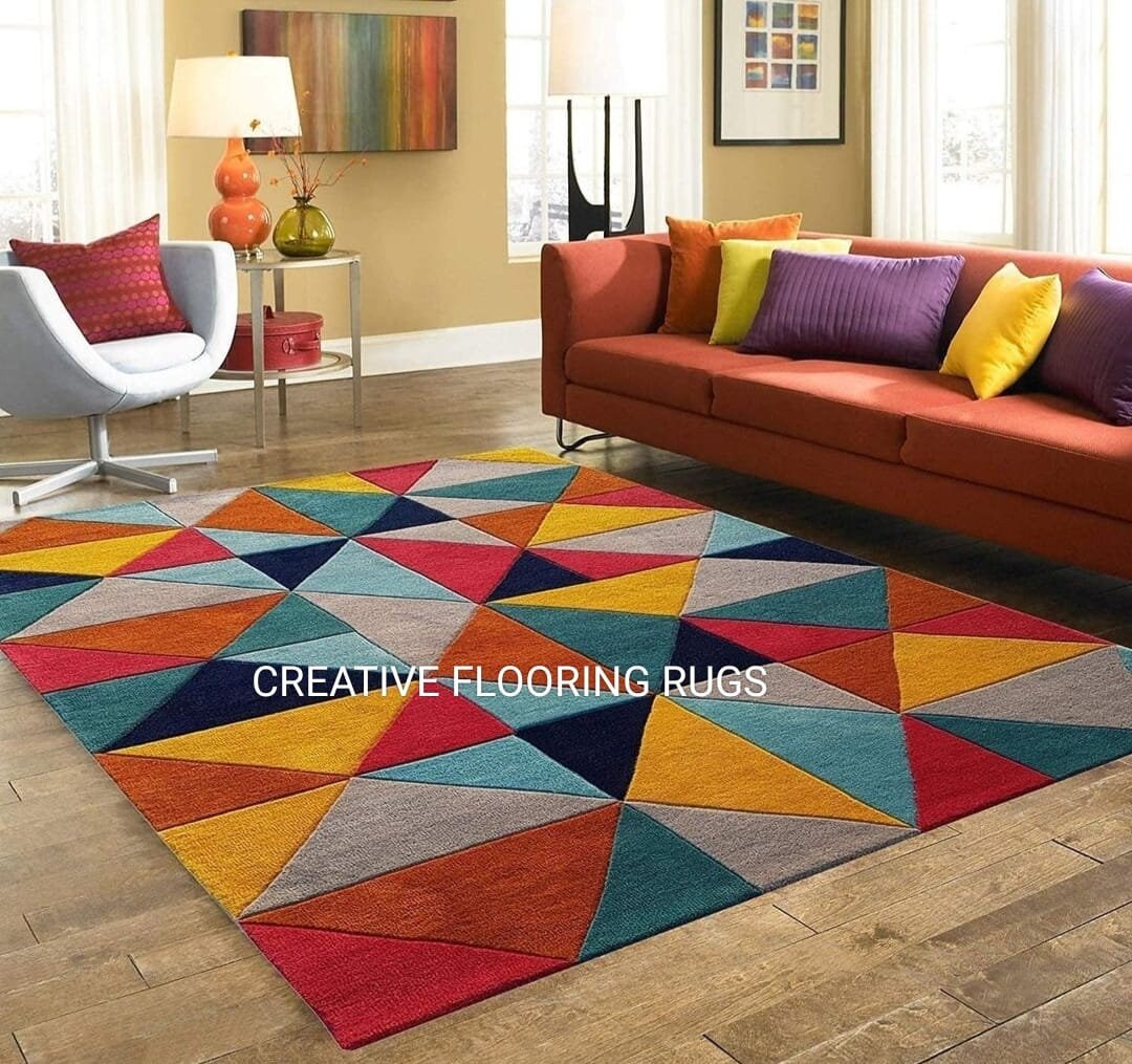 Rectangular Geometrical Multi Colour Handmade Woolen Tuffted Carpet ...