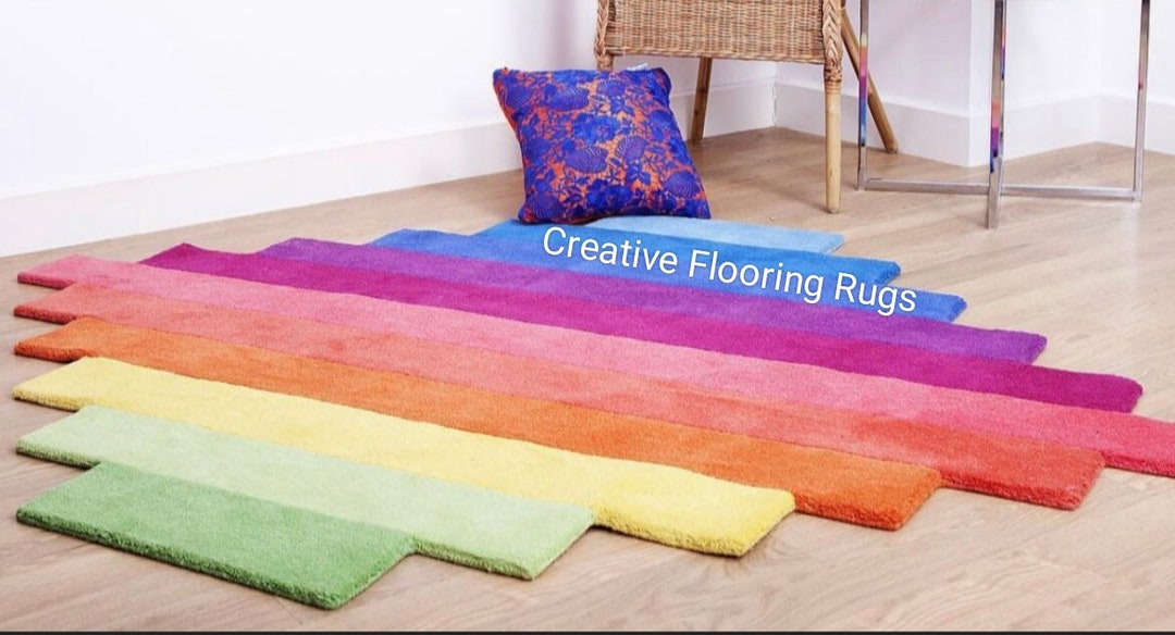 Irregular Rainbow Strip Pattern Handmade Woolen Tuffted Carpet Premium ...