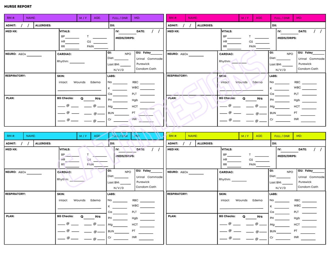4 Patient Nurse "brain" Sheet, Report Sheet, Med Surg Report Sheet ...