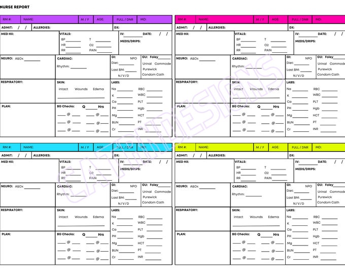 4 Patient Nurse "brain" Sheet, Report Sheet, Med Surg Report Sheet ...