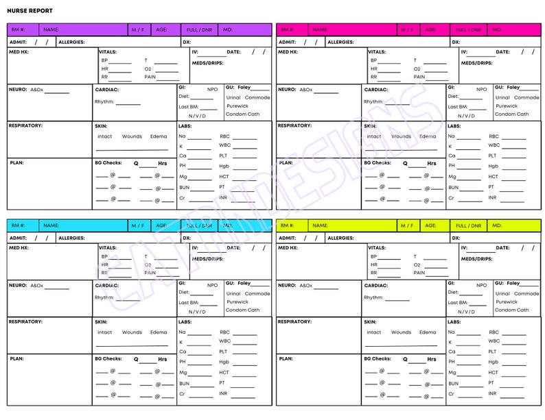 4 Patient Nurse "brain" Sheet, Report Sheet, Med Surg Report Sheet ...
