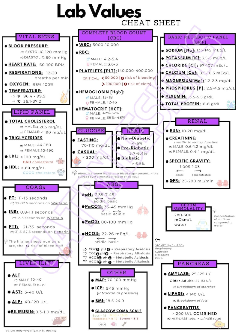 PDF INSTANT DOWNLOAD, Nursing Lab Values, Nursing Student, Neon ...