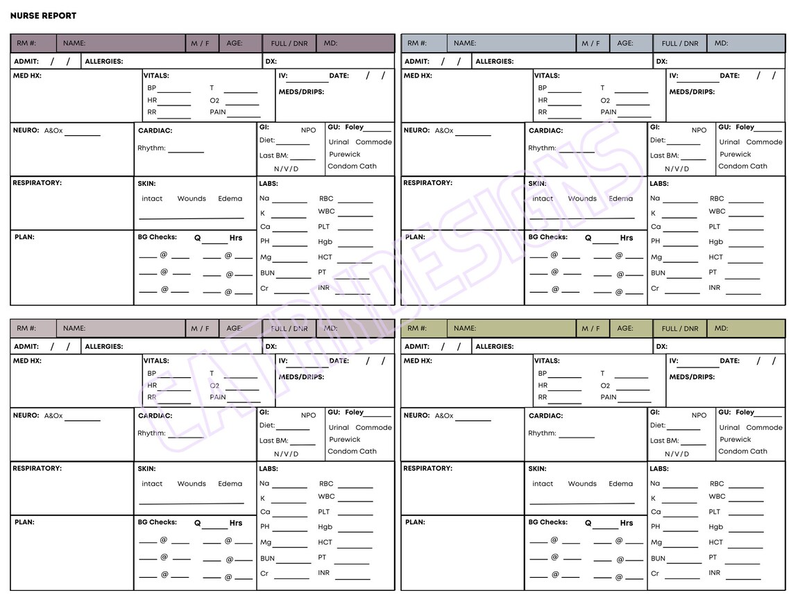 4 Patient Nurse "brain" Sheet, Report Sheet, Med Surg Report Sheet ...