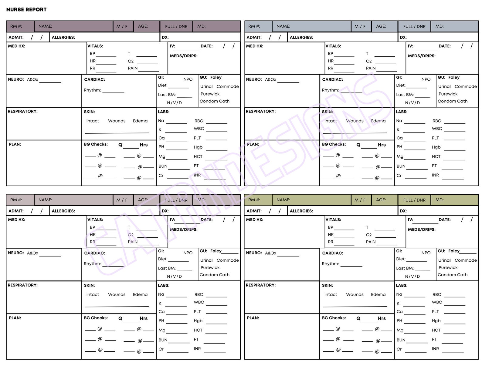 4 Patient Nurse "brain" Sheet, Report Sheet, Med Surg Report Sheet ...