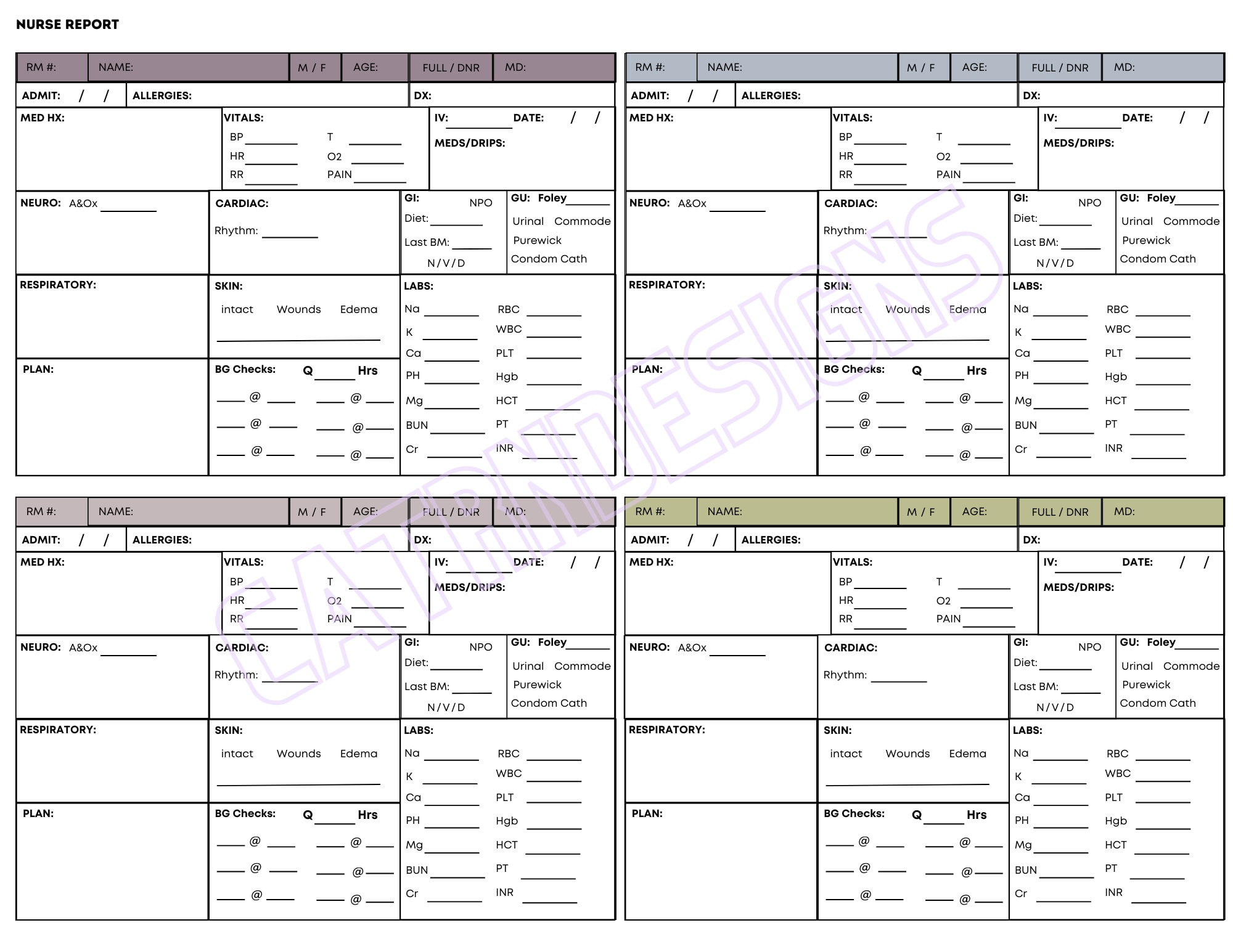 4 Patient Nurse "brain" Sheet, Report Sheet, Med Surg Report Sheet ...