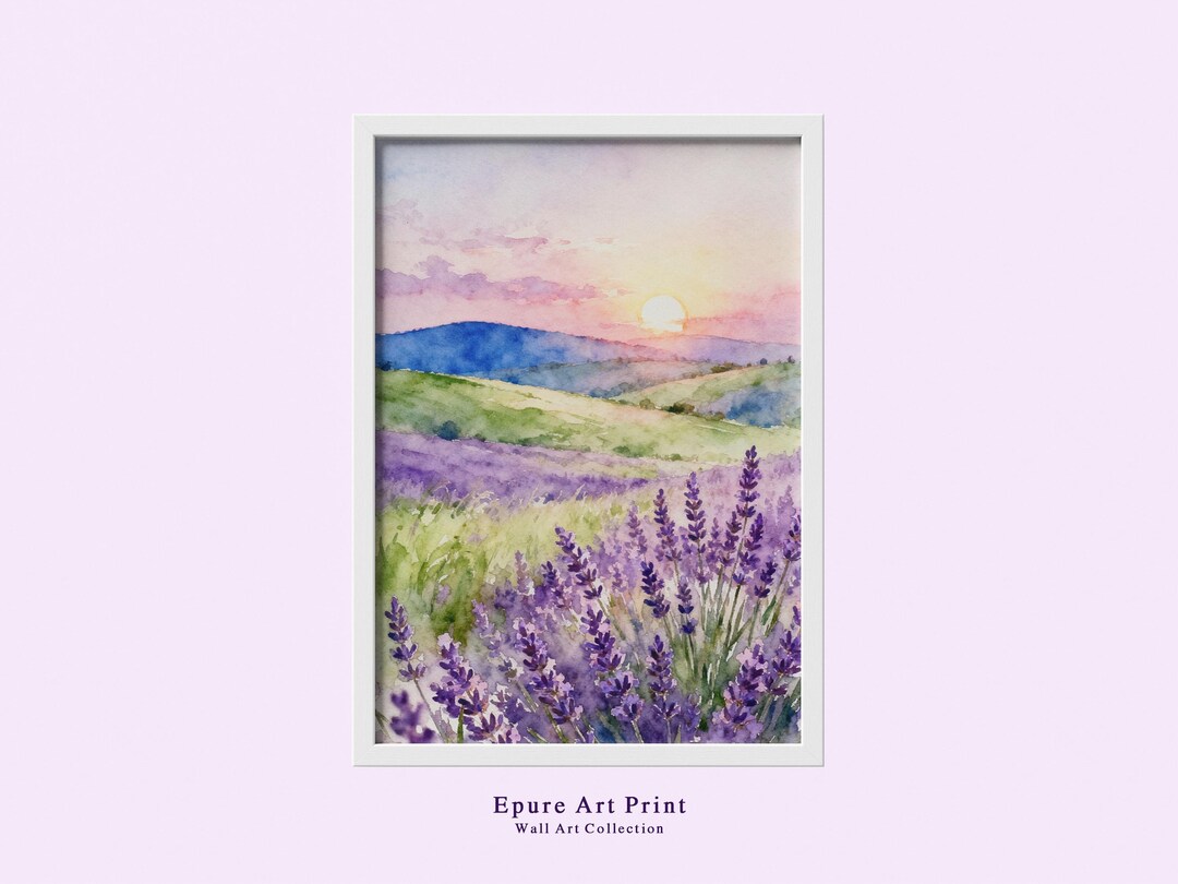 Lavender Field Art Provence Watercolor Sunset, Cottagecore Floral ...