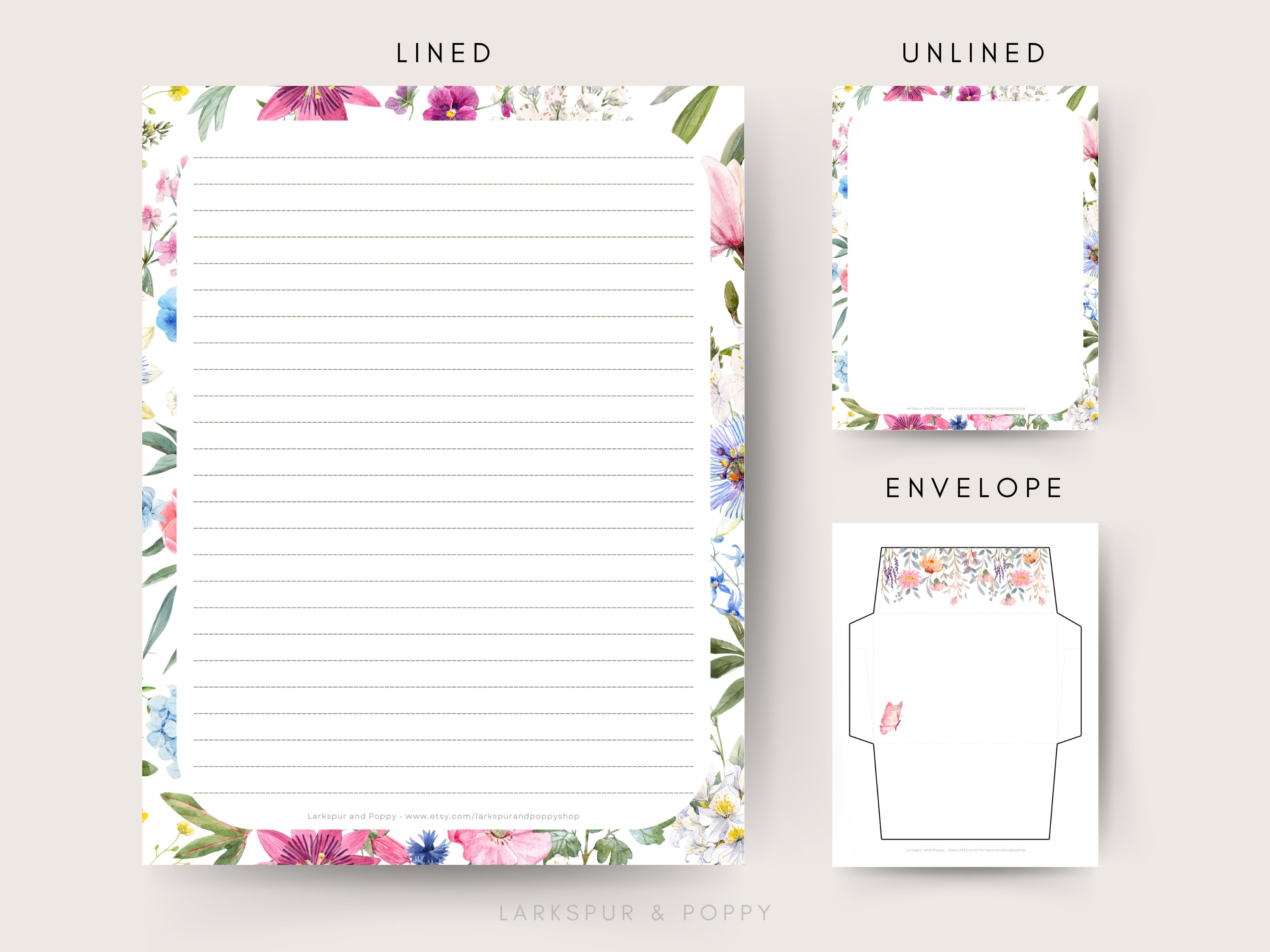 Botanical Beauty Printable Digital Stationery Set Lined Unlined Paper ...