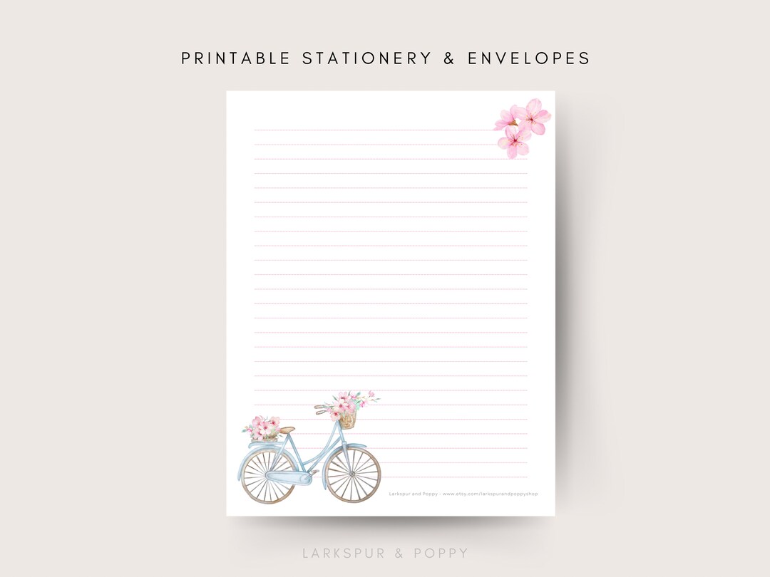 Blossom Bike - Printable Digital Stationery Set | Lined Unlined Paper ...