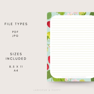Strawberries in Aqua - Printable Digital Stationery Set | Lined Unlined ...
