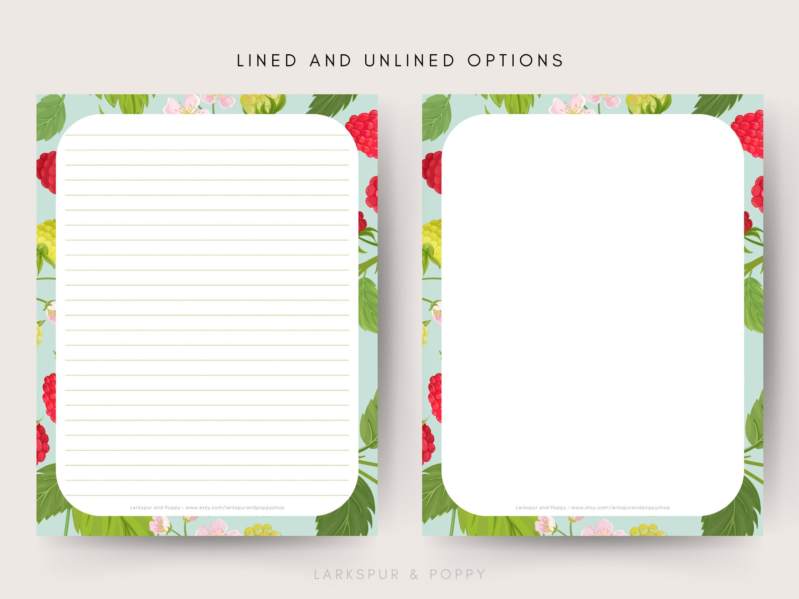 Strawberries in Aqua - Printable Digital Stationery Set | Lined Unlined ...