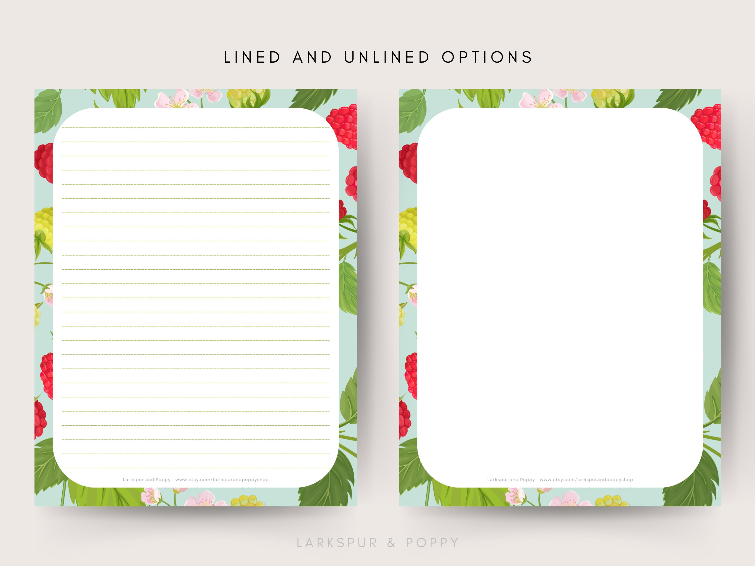 Strawberries in Aqua Printable Digital Stationery Set Lined Unlined ...