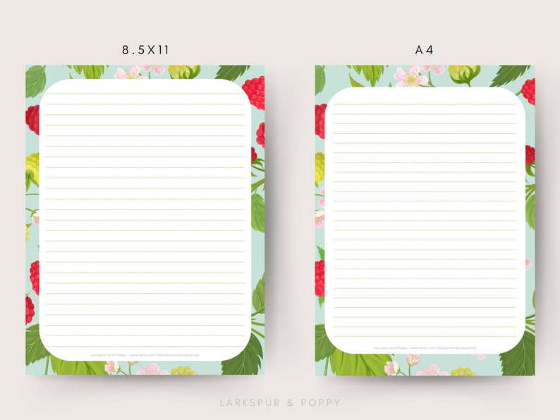Strawberries in Aqua - Printable Digital Stationery Set | Lined Unlined ...