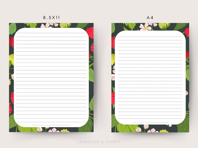 Strawberries in Coal - Printable Digital Stationery Set | Lined Unlined ...