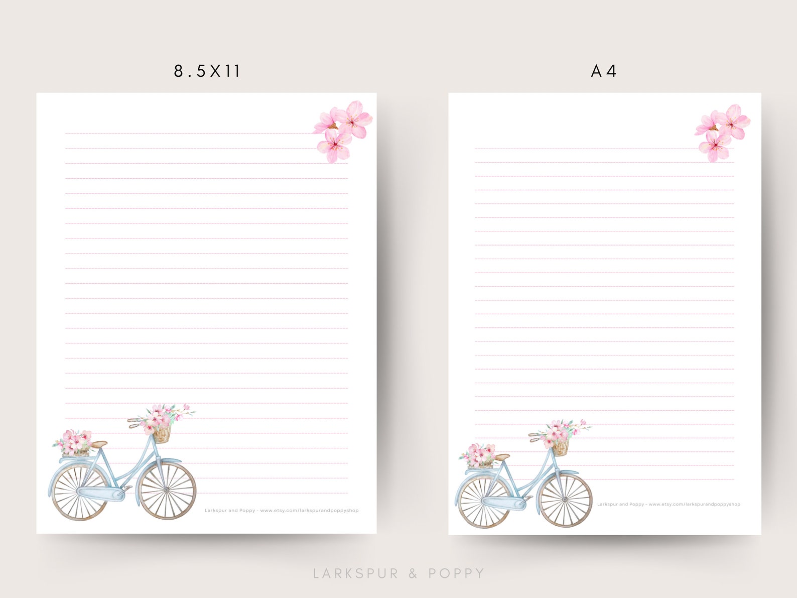 Blossom Bike - Printable Digital Stationery Set | Lined Unlined Paper ...