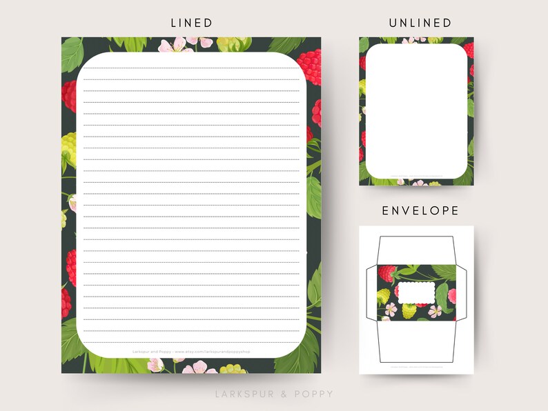 Strawberries in Coal - Printable Digital Stationery Set | Lined Unlined ...