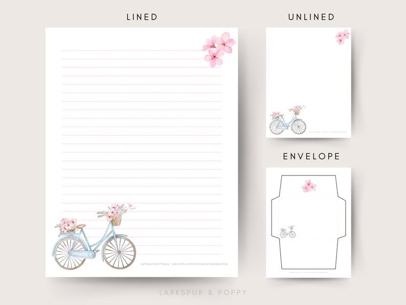 Blossom Bike - Printable Digital Stationery Set | Lined Unlined Paper ...