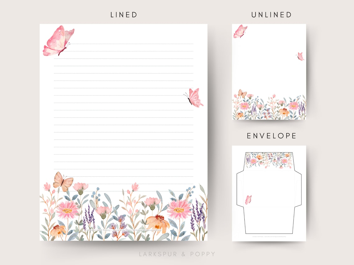 Butterfly Visits Printable Digital Stationery Set Lined Unlined Paper ...