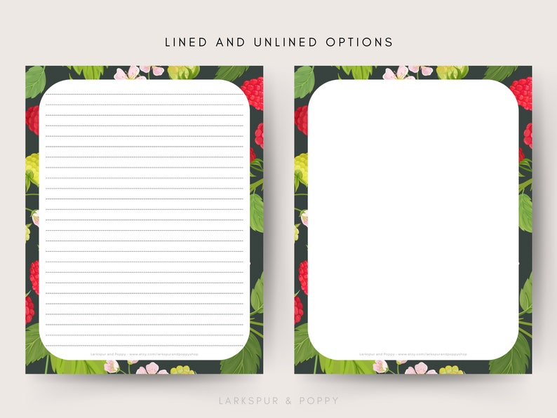 Strawberries in Coal - Printable Digital Stationery Set | Lined Unlined ...