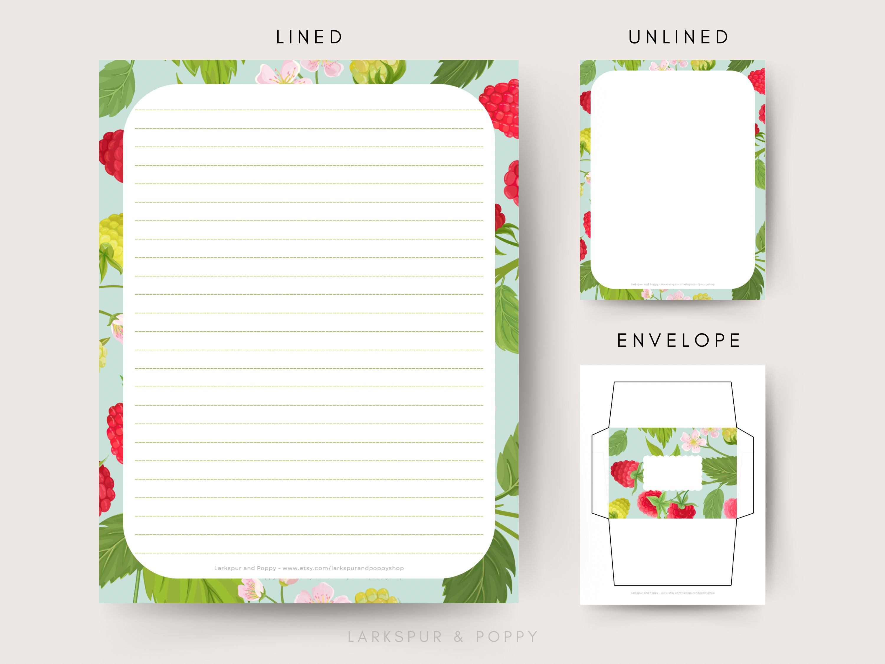 Strawberries in Aqua - Printable Digital Stationery Set | Lined Unlined ...