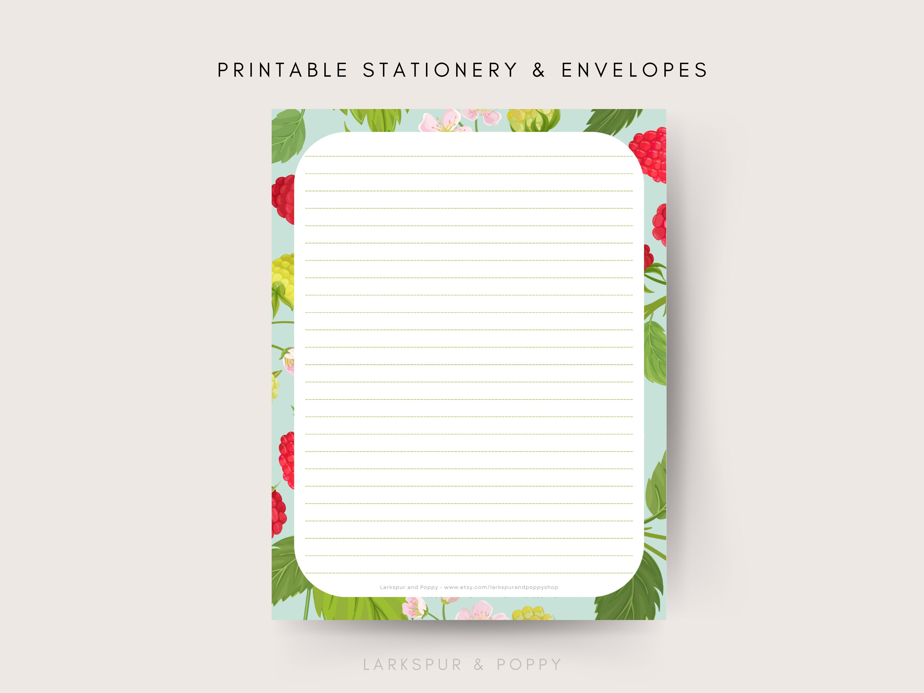 Strawberries in Aqua Printable Digital Stationery Set Lined Unlined ...