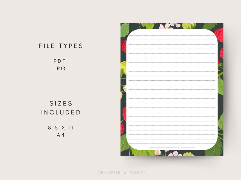 Strawberries in Coal - Printable Digital Stationery Set | Lined Unlined ...