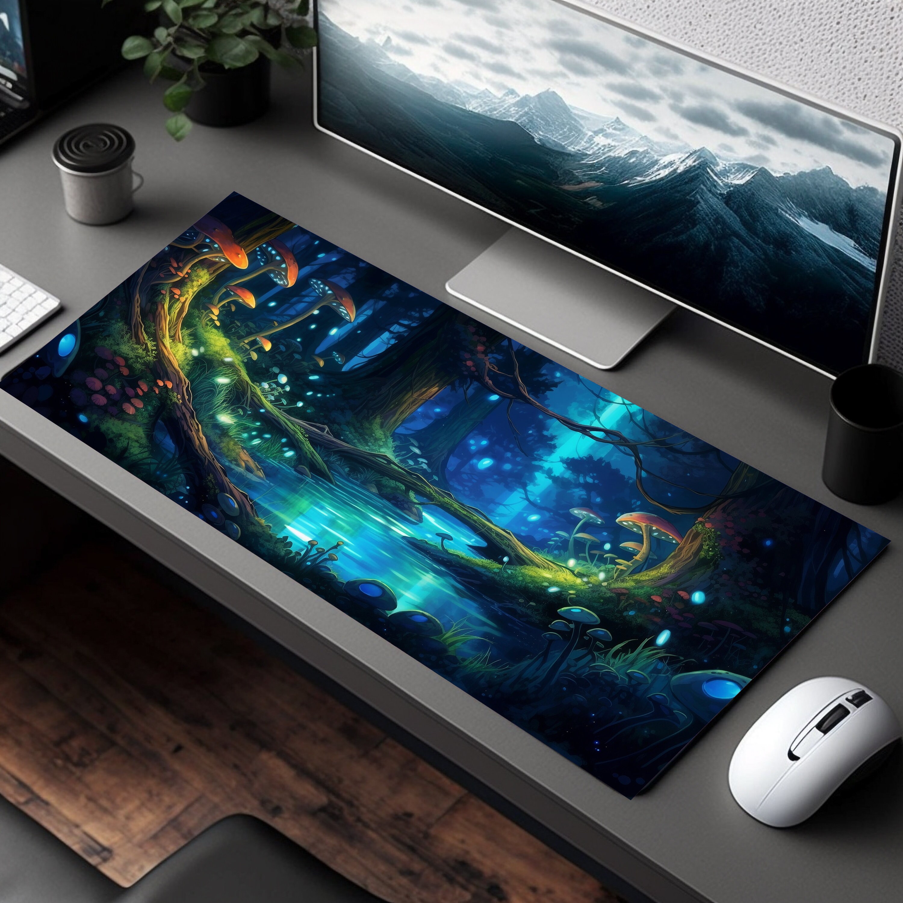 Enchanted Redwood Forest Desk Mat Mystic Night, Cute Mushrooms, River ...