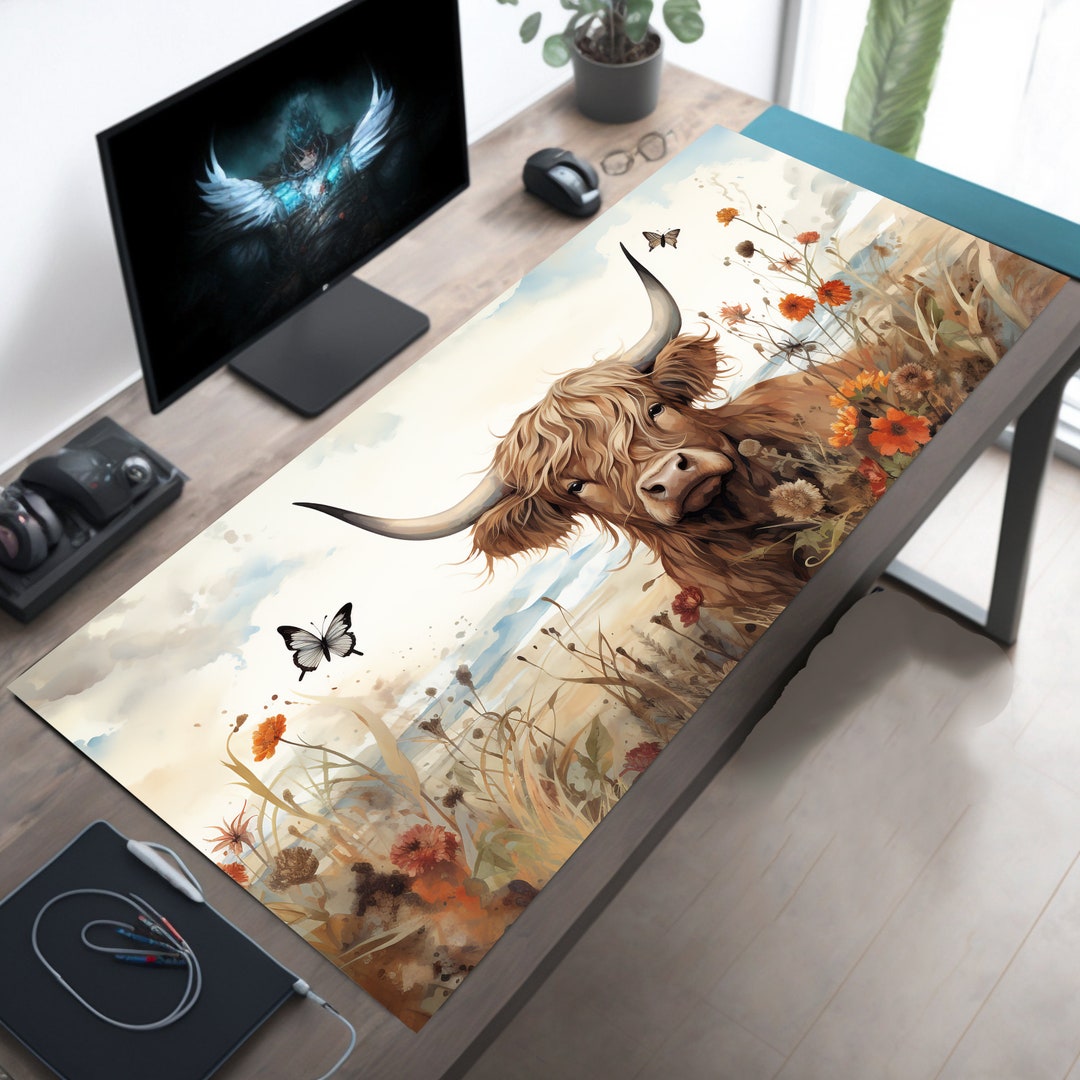 Highland Cow Desk Mat: Watercolor Butterfly, Floral Mousepad - Etsy