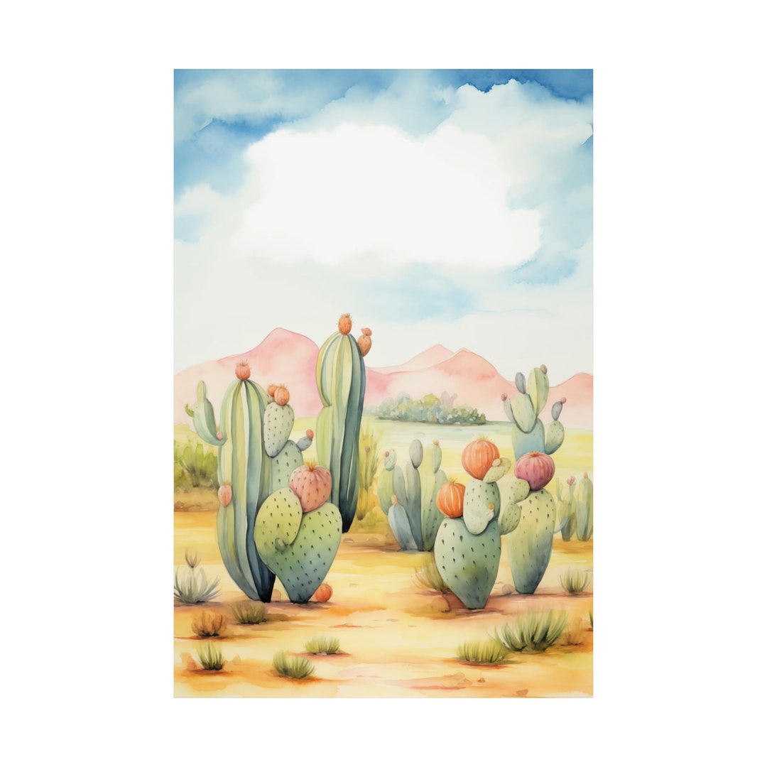 Affiche de champ de cactus du désert du sud-ouest de style aquarelle ...