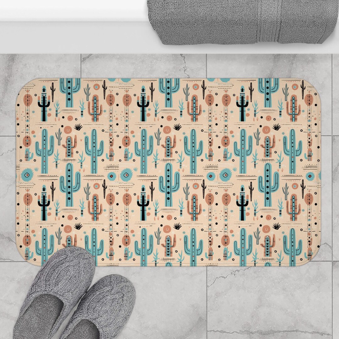 Southwestern Tribal Cactus Bath Mat - Desert Bathroom Rug - Cactus Art ...
