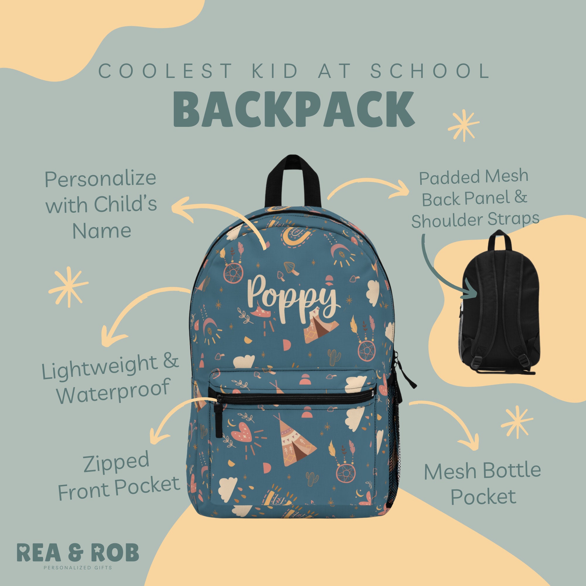 Personalized Boho Kids Backpack for School, Custom Name Bag for Girl ...